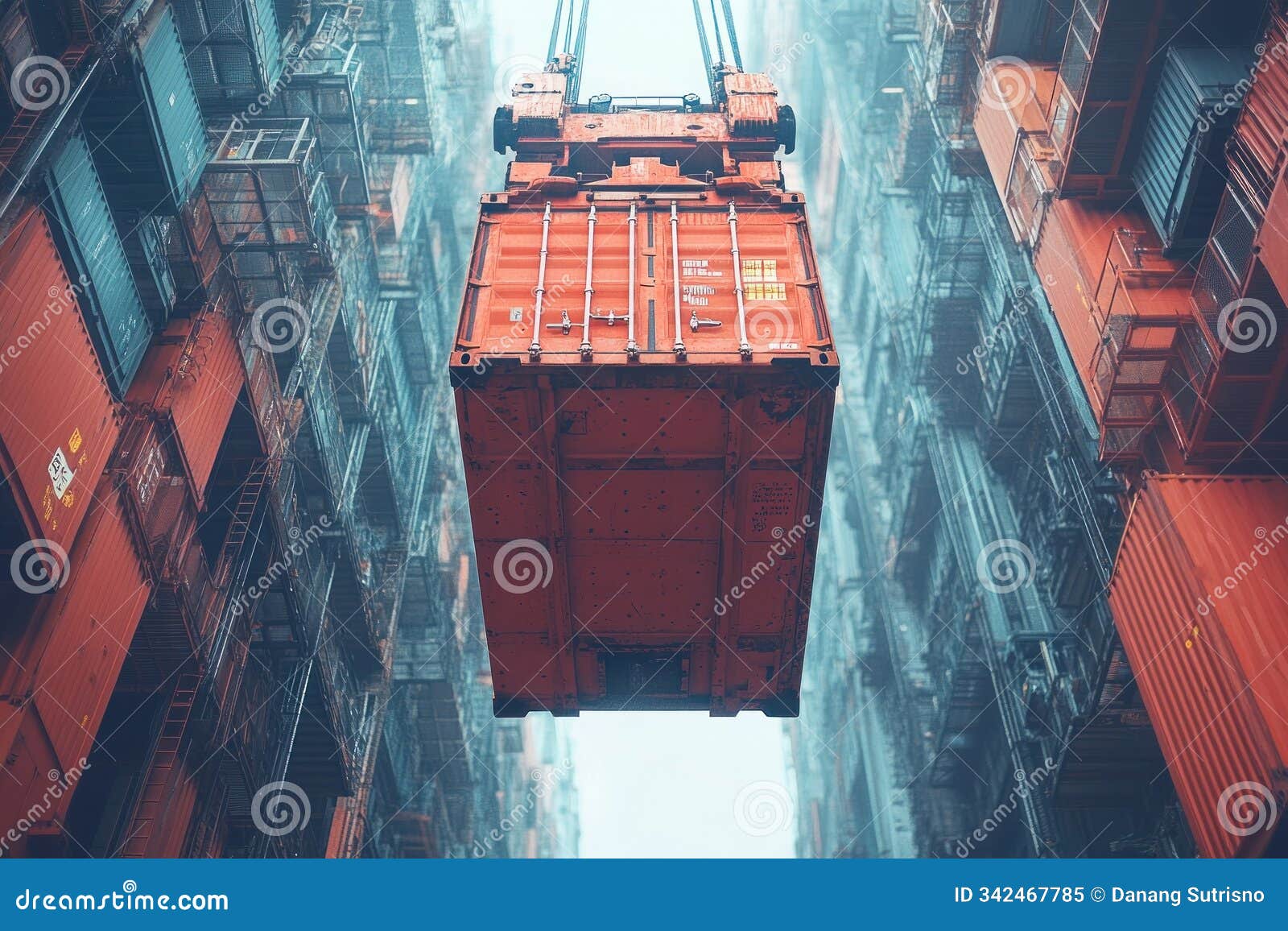 A Red Shipping Container Being Lifted by a Crane in a Dense Stack of ...