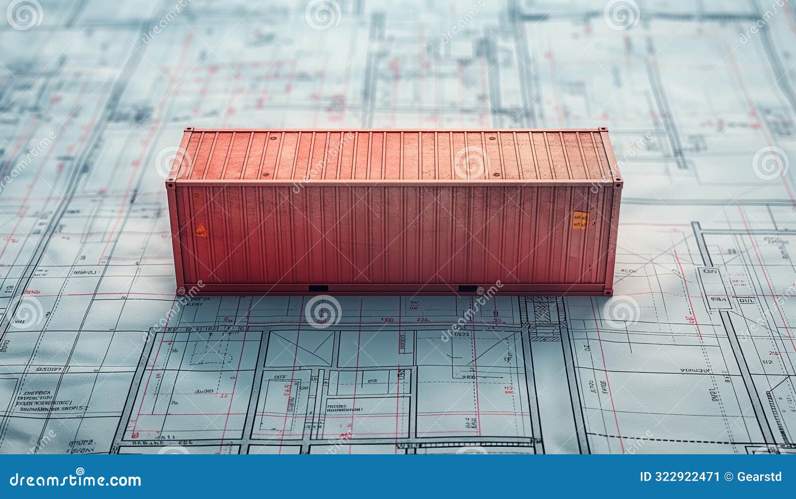 Red Shipping Container on Blueprints Stock Image - Image of delivery ...