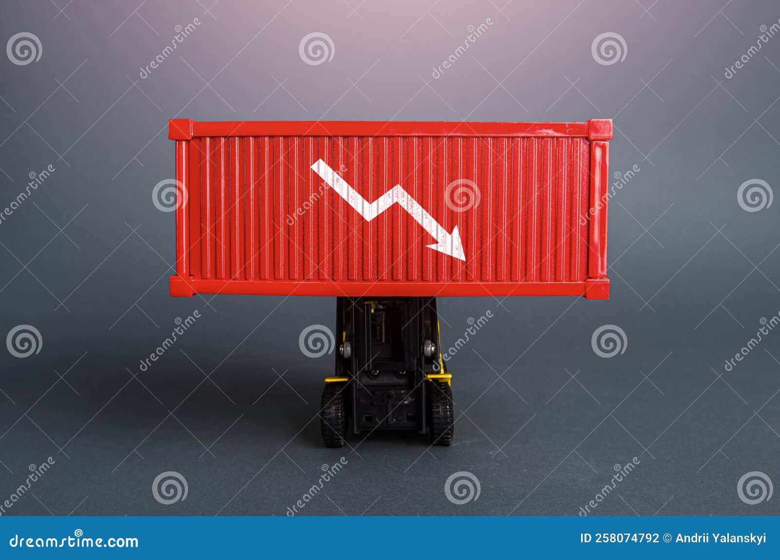 Red Shipping Container with Down Arrow. Decrease in Imports and Exports ...