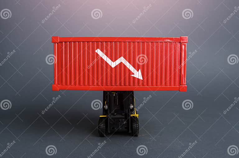Red Shipping Container with Down Arrow. Decrease in Imports and Exports ...