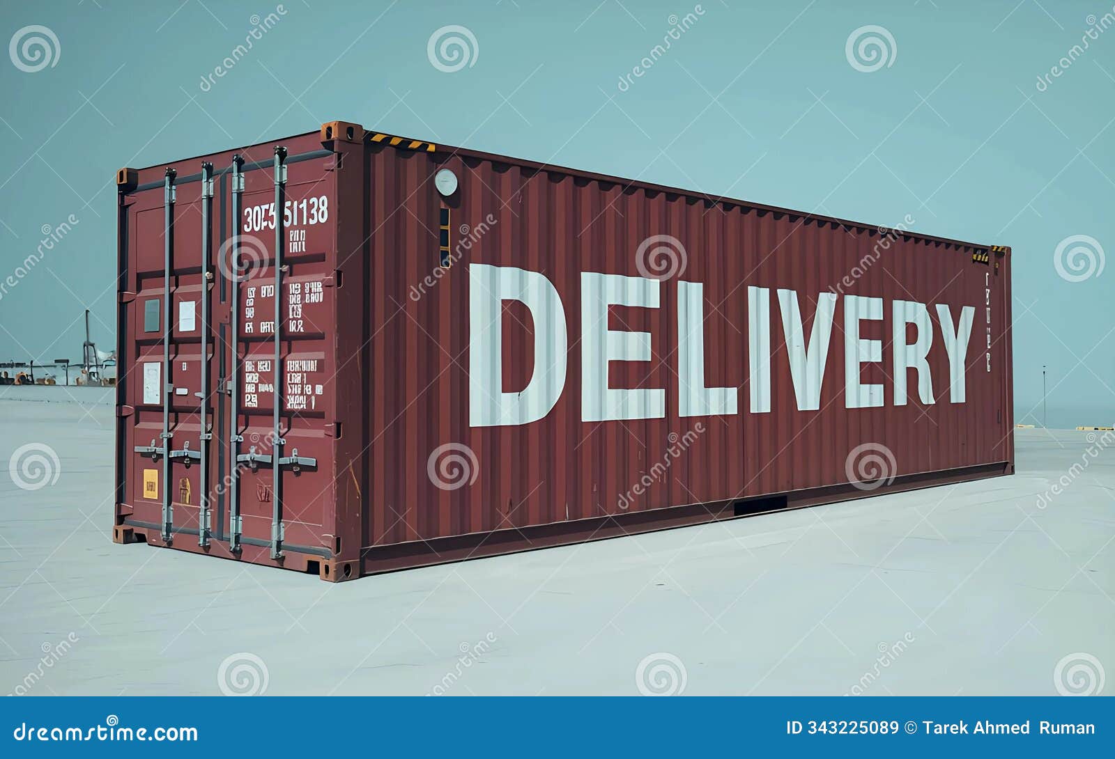 A Red Shipping Container Sits on a Concrete Surface with the Word ...