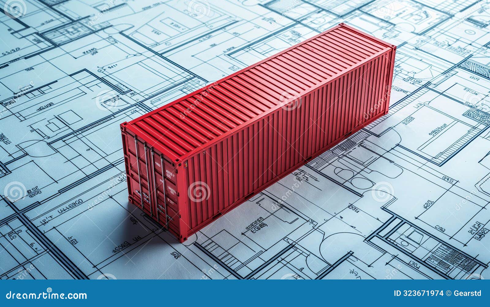 Red Shipping Container on Technical Drawings Stock Illustration ...