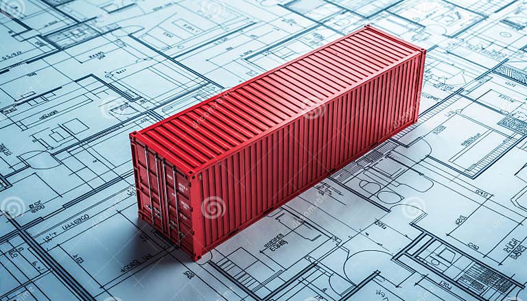 Red Shipping Container on Technical Drawings Stock Illustration ...