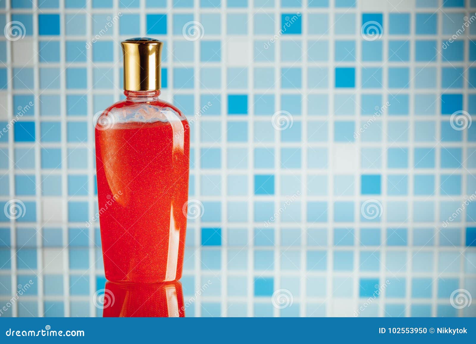 Red Shower Gel on Blue Tile Background Stock Photo - Image of bath ...