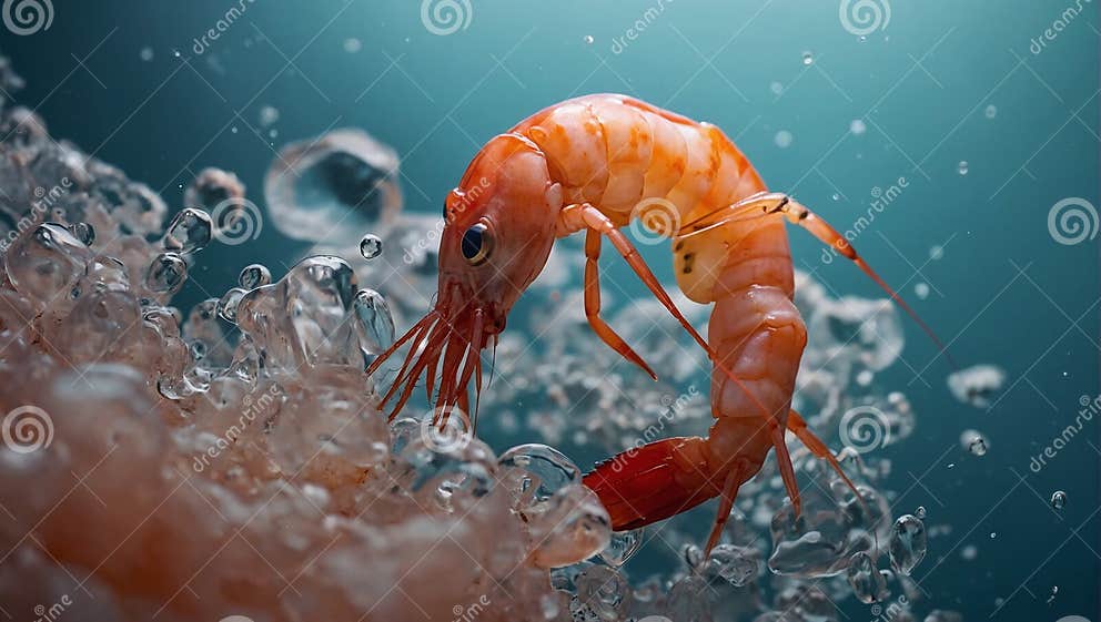Red Shrimp in Crystal Clear Blue Water Surrounded by Air Bubbles Stock ...