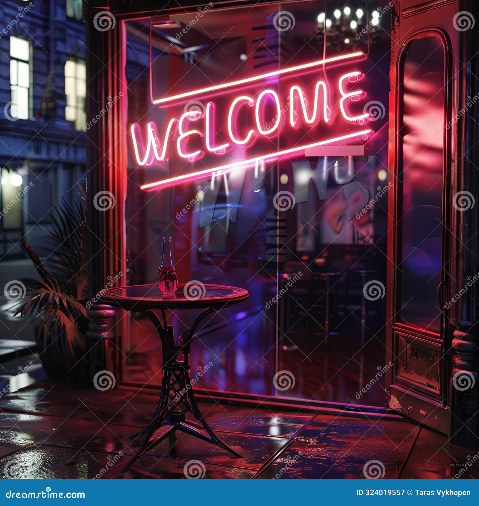 A Red Sign Welcome Glowing in a Night Alley Stock Image - Image of lure ...