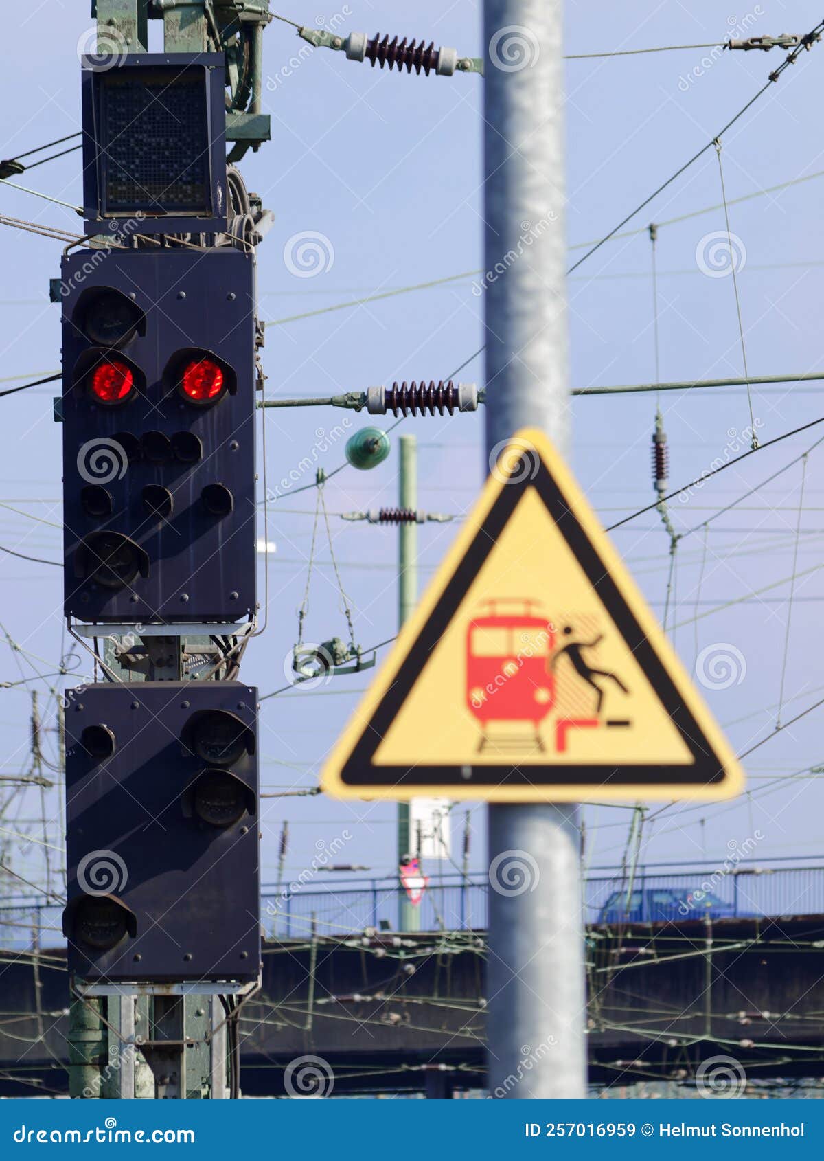 Red Signal at the Train Station with a Warning Sign. Stock Image ...