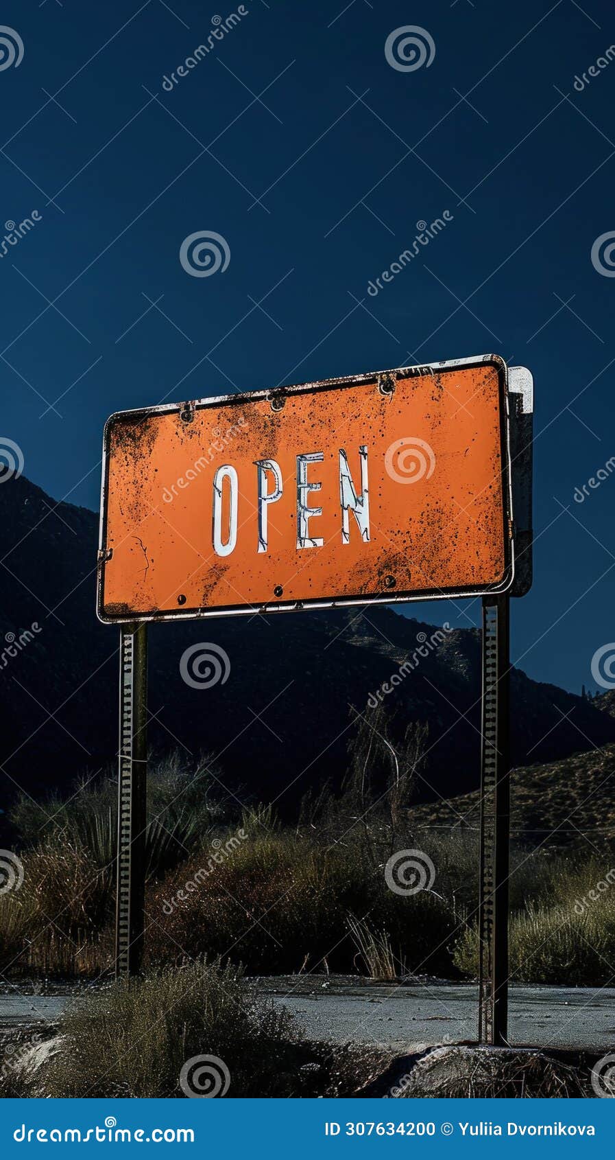 Red Signpost with the Words Open Against the Night Landscape Backdrop ...