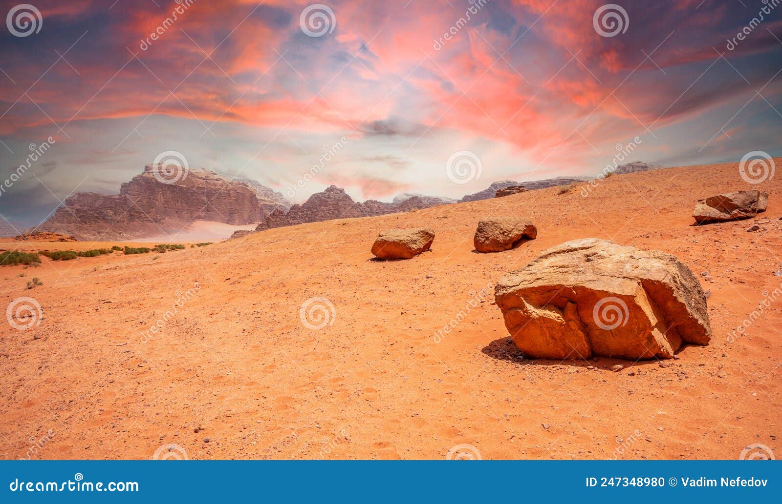 Red Sky, Sands and Stones of Wadi Rum Desert Stock Photo - Image of ...