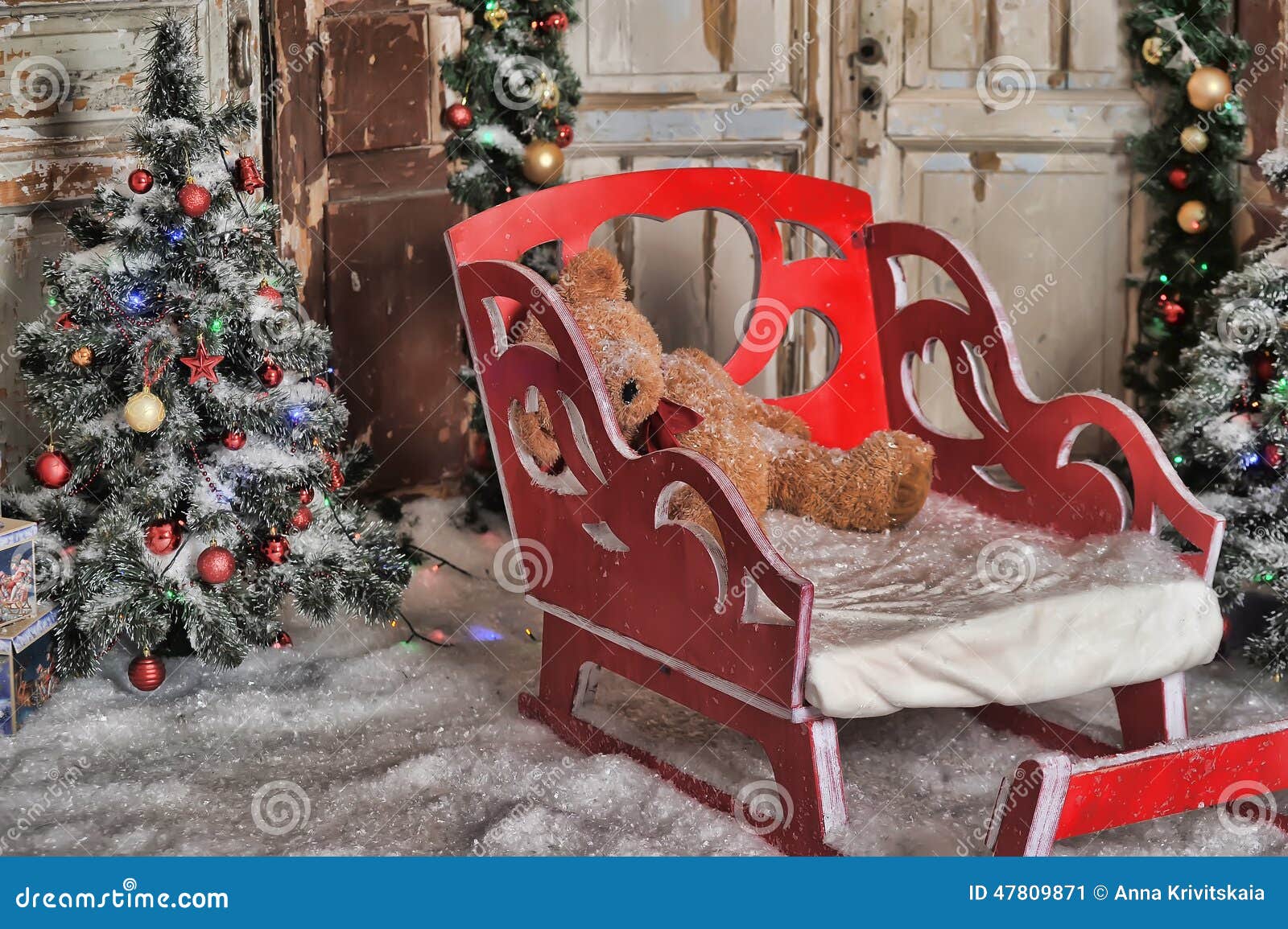 Red Sled at the Christmas Tree Stock Image - Image of cheer ...