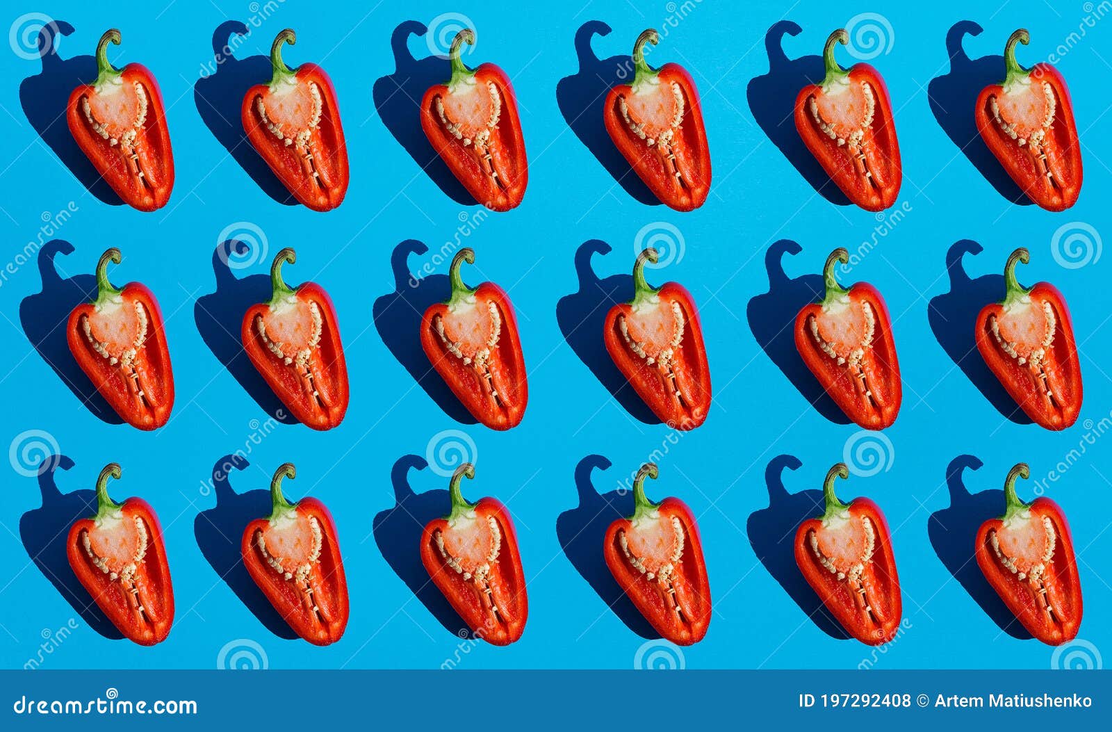Red Sliced Bell Pepper Seamless Pattern with Dark Black Deep Shadows on ...