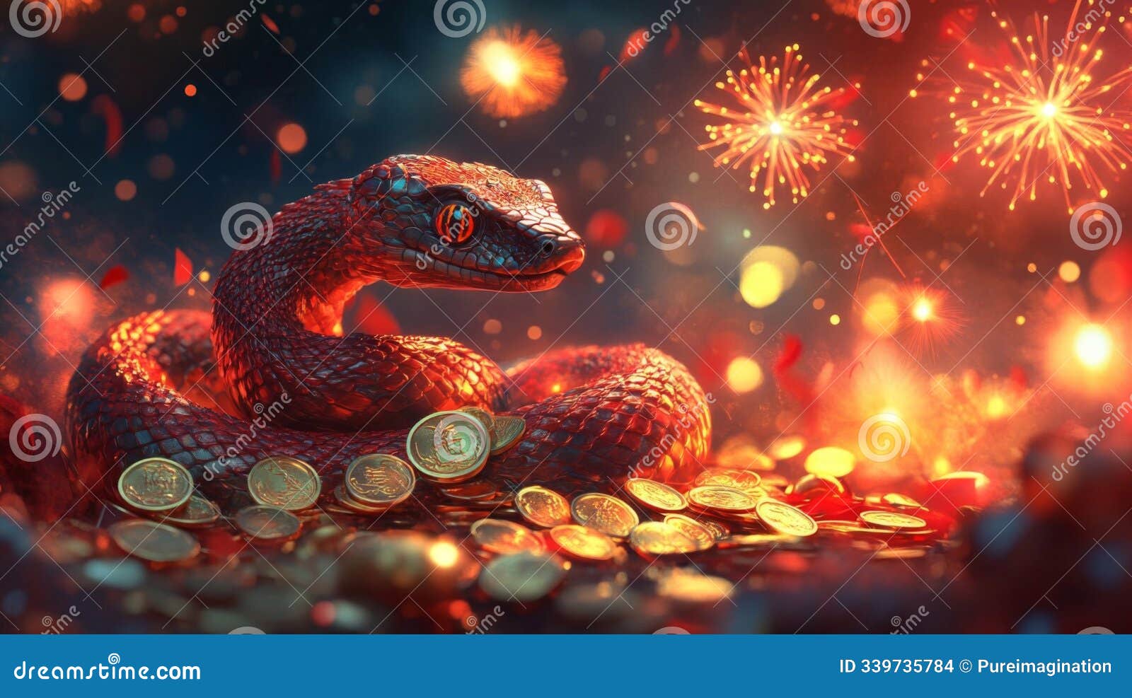 Red Snake Coiled Amidst Gold Coins and Fireworks Stock Illustration ...