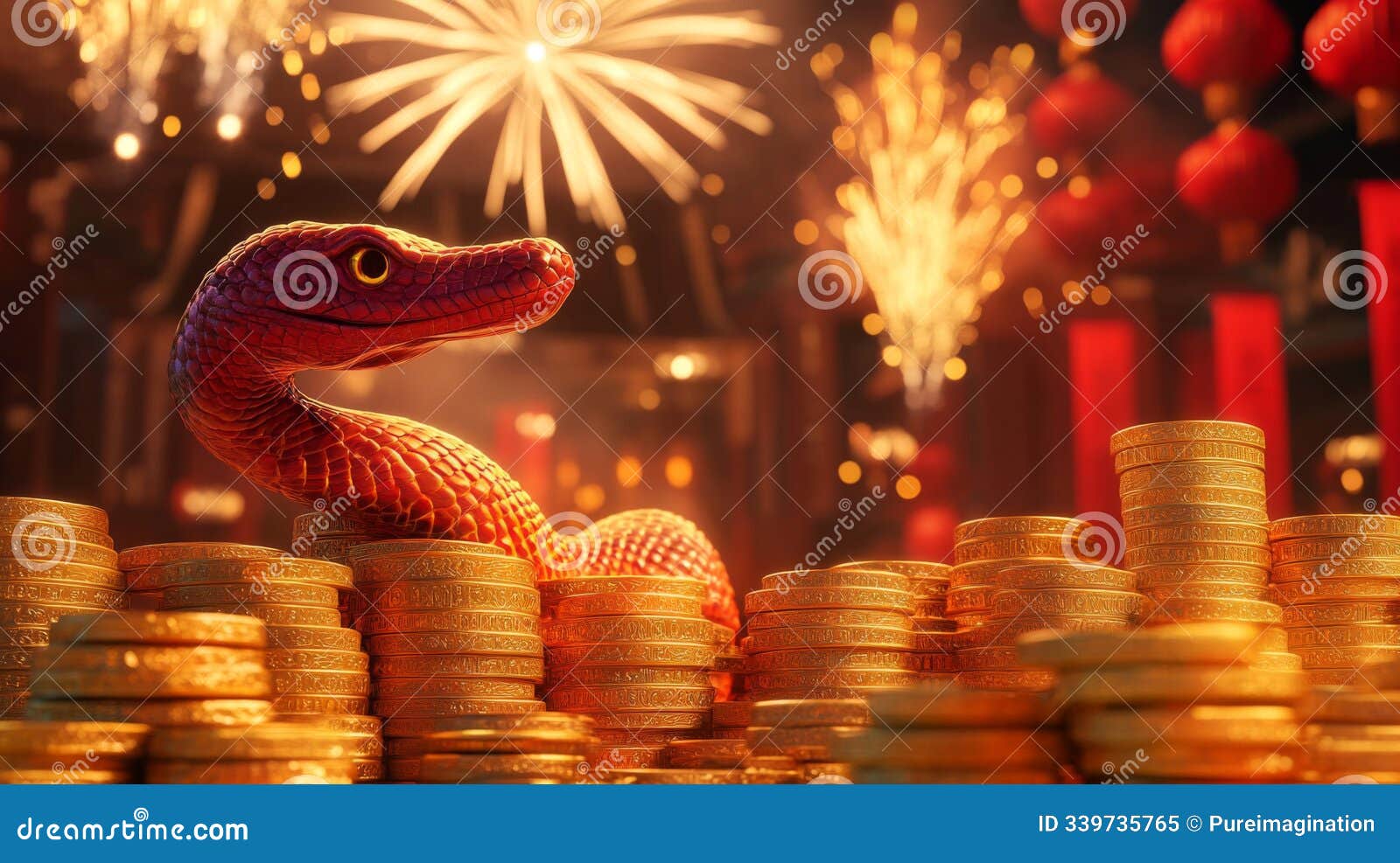 Red Snake Coiled on a Pile of Gold Coins with Fireworks in the ...