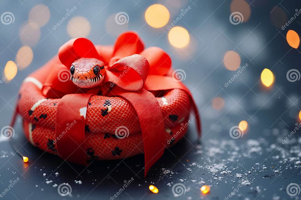 A Red Snake Wrapped in a Red Bow on a Black Surface Stock Photo - Image ...