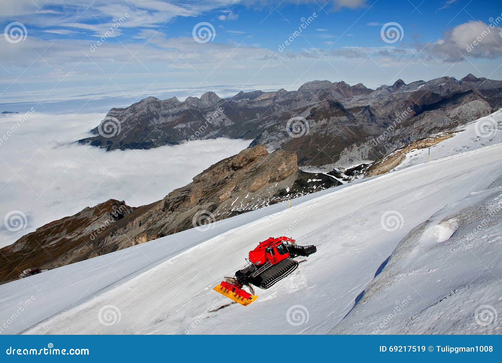 A Red Snow-plow on Snow Mountain. Stock Image - Image of clear ...