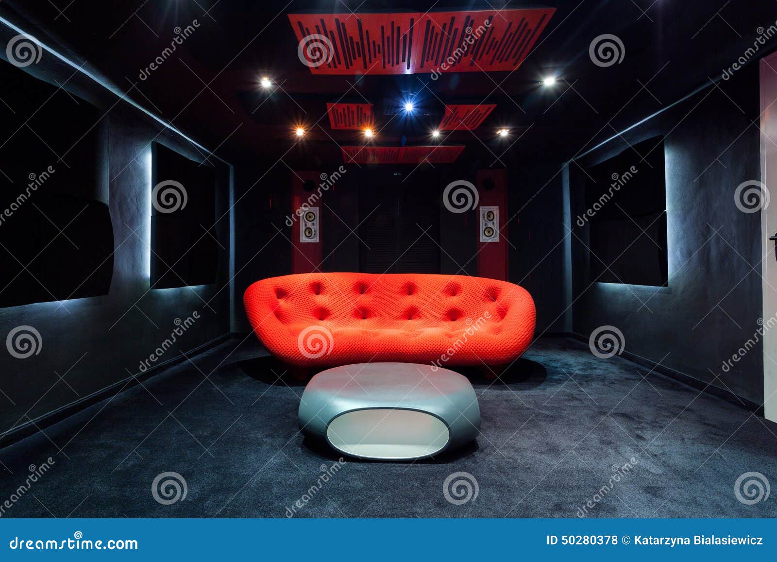 Red sofa in the basement stock photo. Image of basement - 50280378