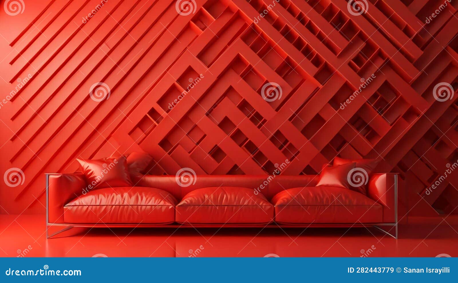 Red Sofa in Modern Living Room with Geometric Pattern. Generative Ai ...