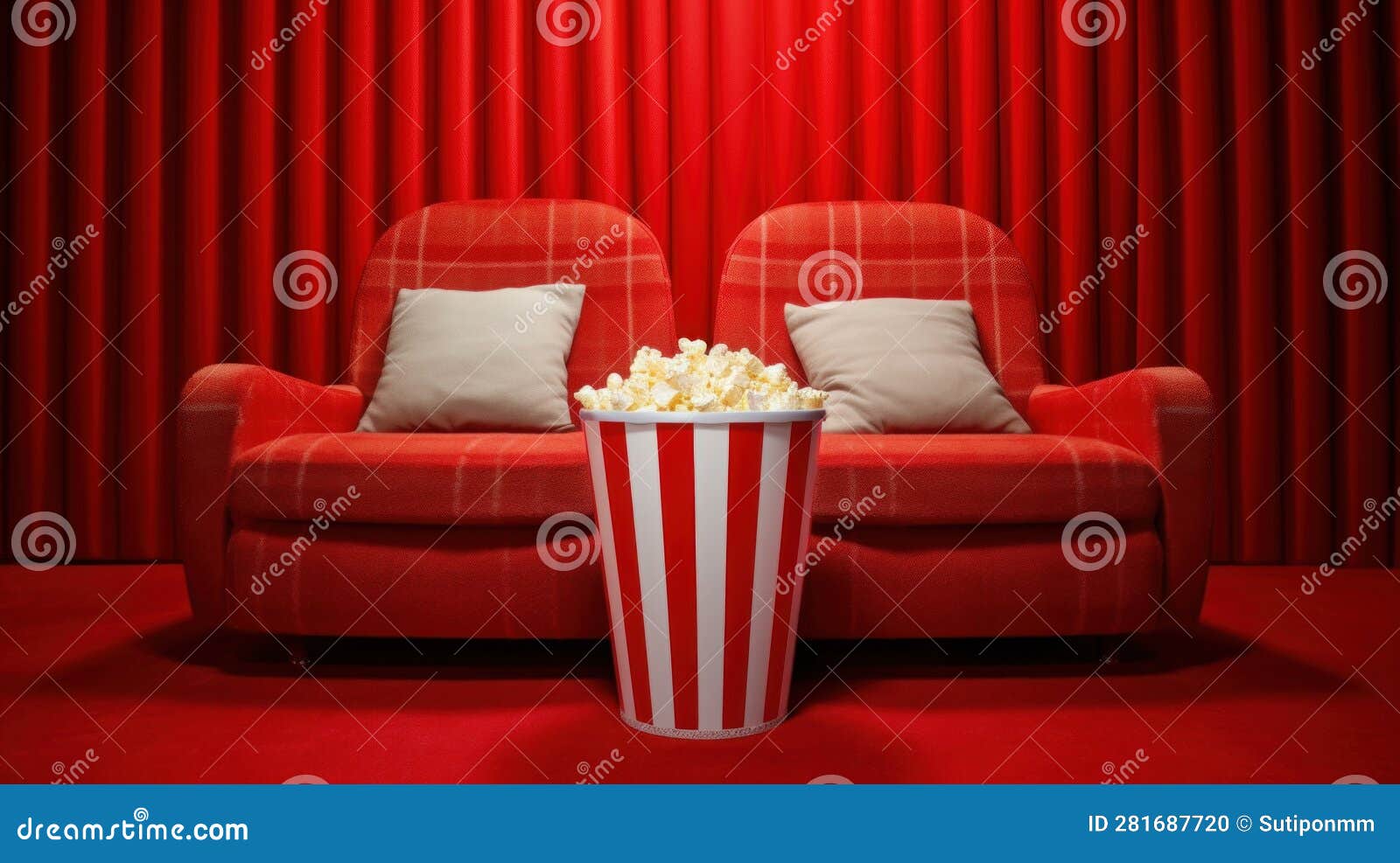Red Sofa and Popcorn in the Home Theater Stock Illustration ...