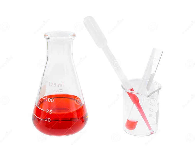 Red Solution in Flask and Dropper in Beaker Stock Photo - Image of ...