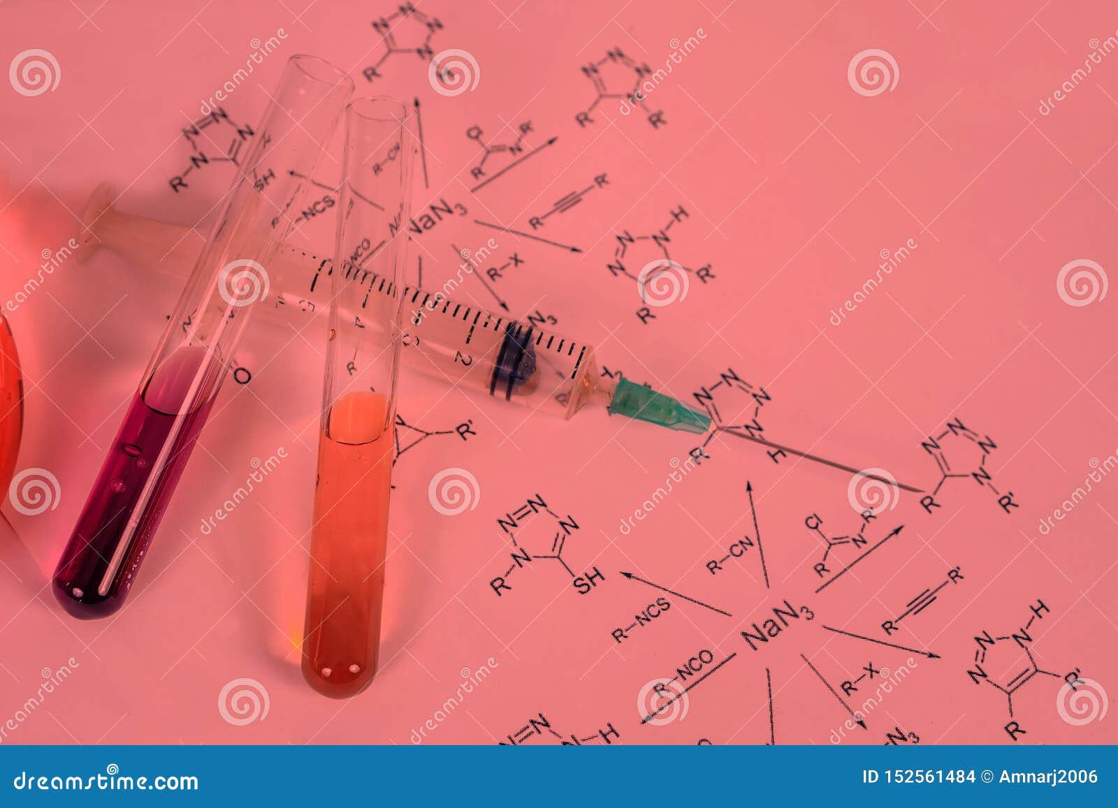 Red Solution in Syringe with Dropper and Chemical Formula Background ...