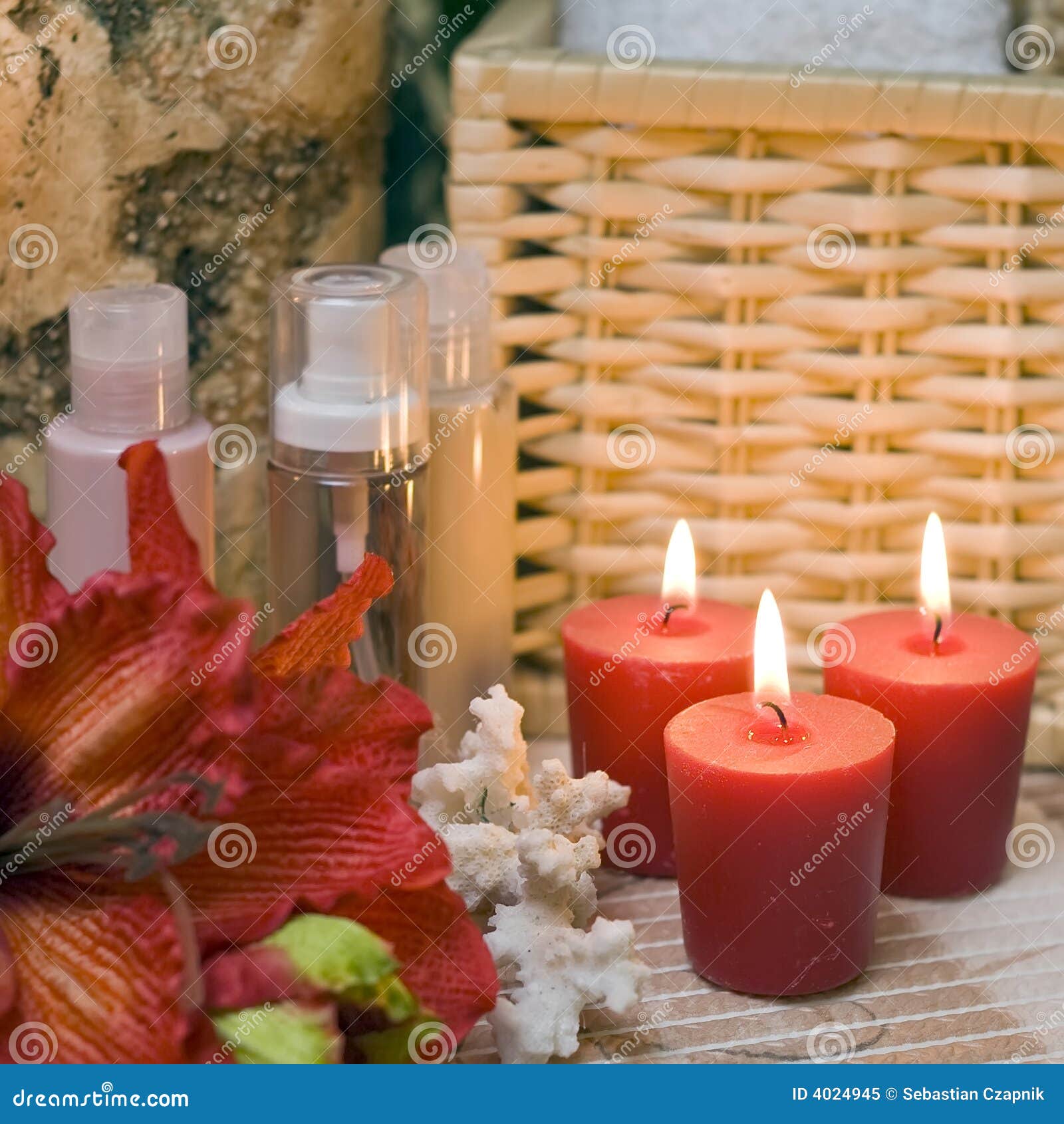 Red spa candles stock image. Image of basket, body, flower - 4024945