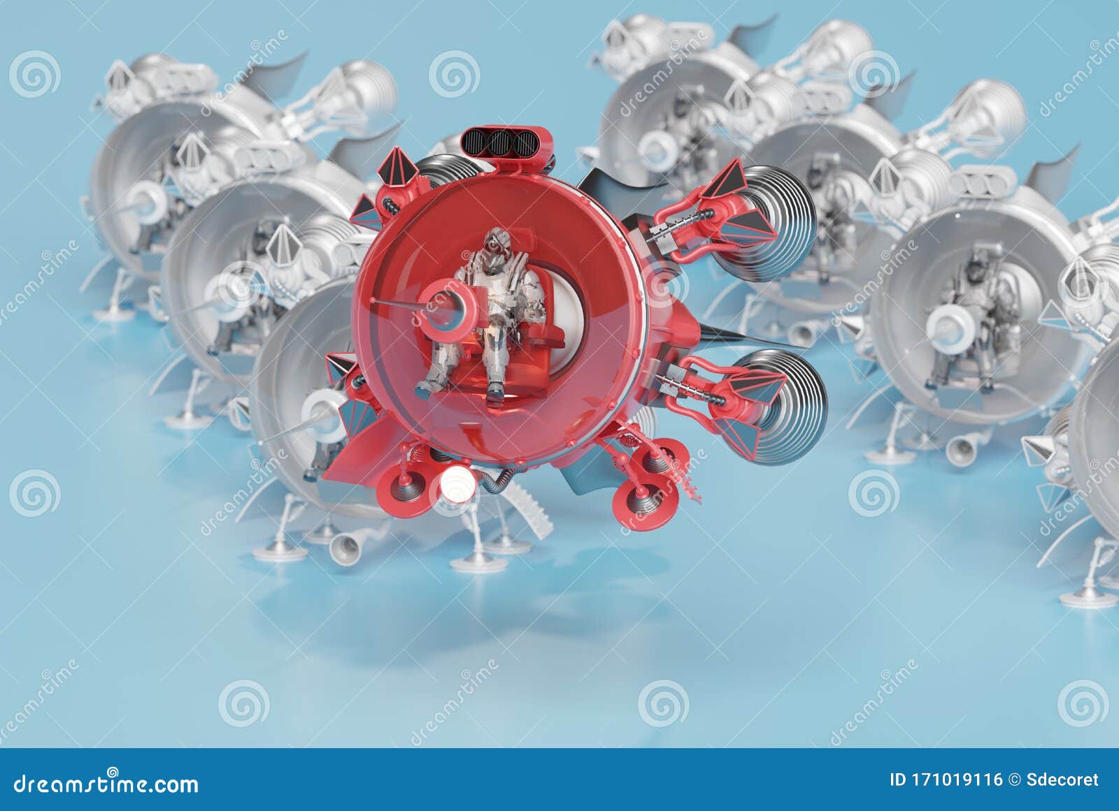 Red Spaceship Leading White Spaceship on Blue Background 3D Rendering ...