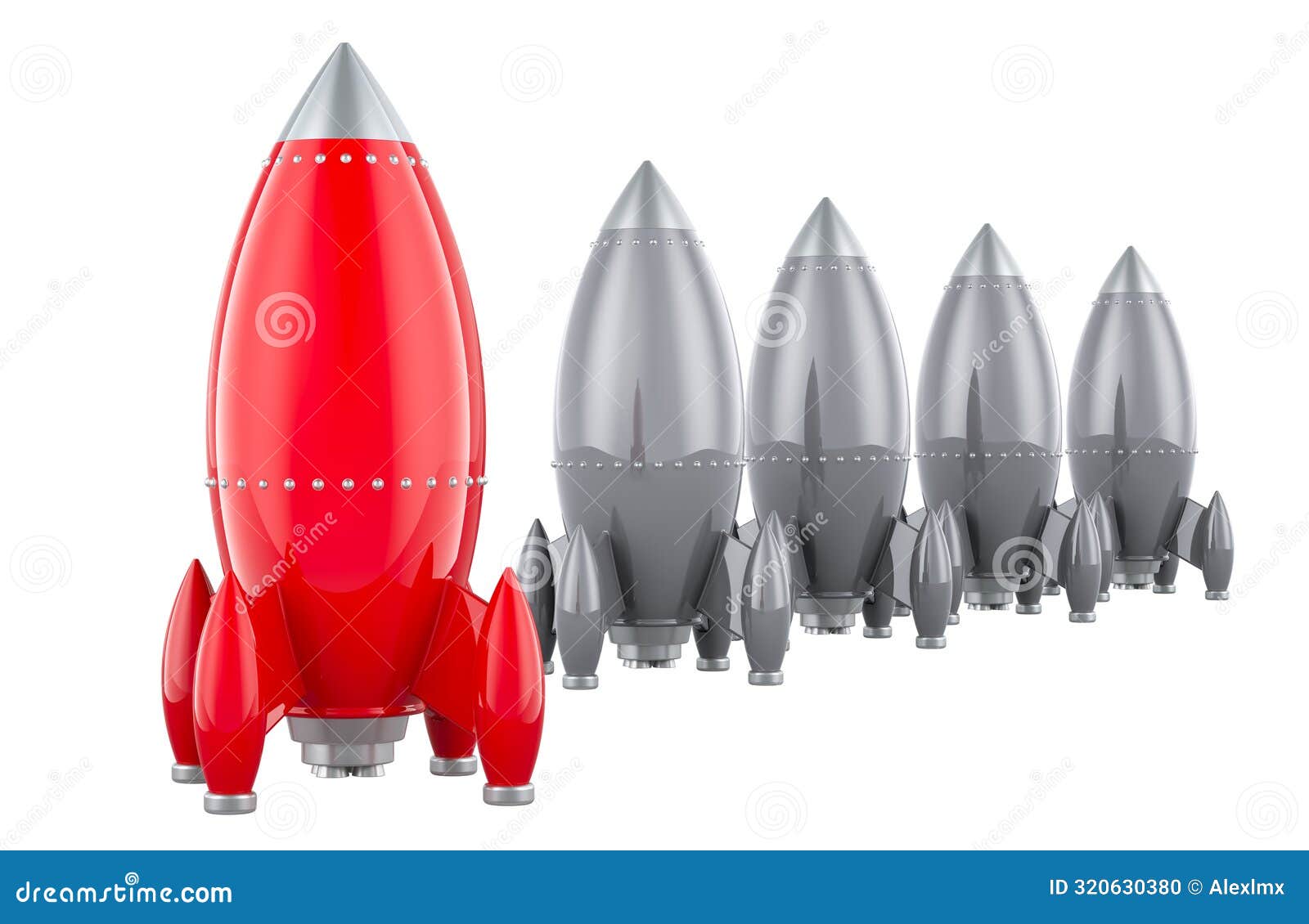 Red Spaceship Rocket among the Others. Leader, Winner Concept Stock ...