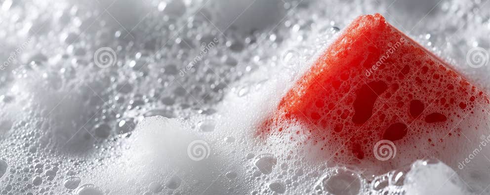 Red Sponge in Soapy Water with Foam Bubbles Stock Image - Image of ...