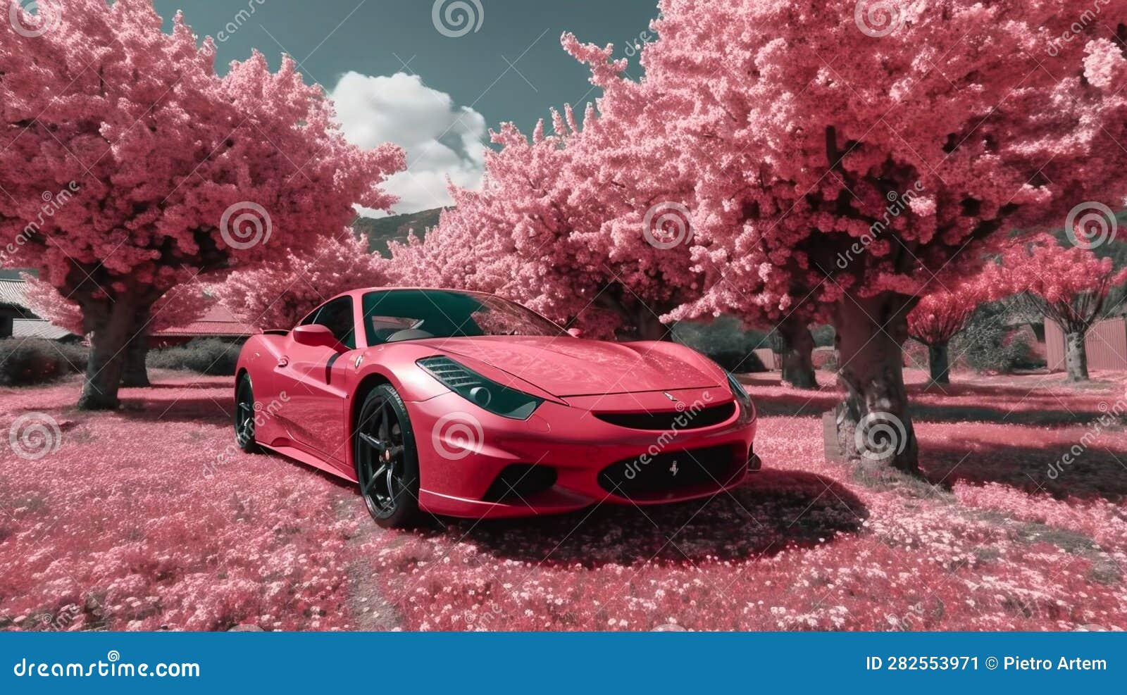 Red Sports Car among Many Cherry Trees, Generative AI Stock ...