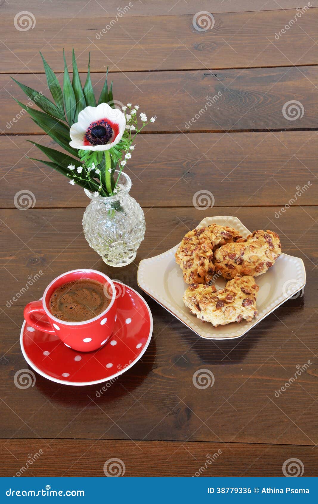 Red spotty mug and cookies stock photo. Image of combination - 38779336