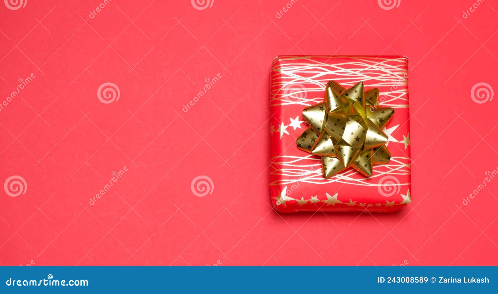 Red Square Gift Box with Gold Bow, Banner with Text Space, Top View ...