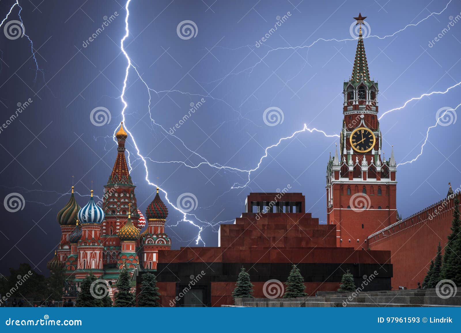 Red Square. Powerful Lightning Strike. Stock Image - Image of lightning ...