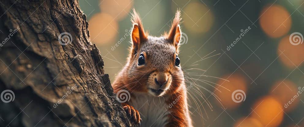 Red Squirrel Close Up of Face Looking Around a Tree Trunk. Stock Image ...