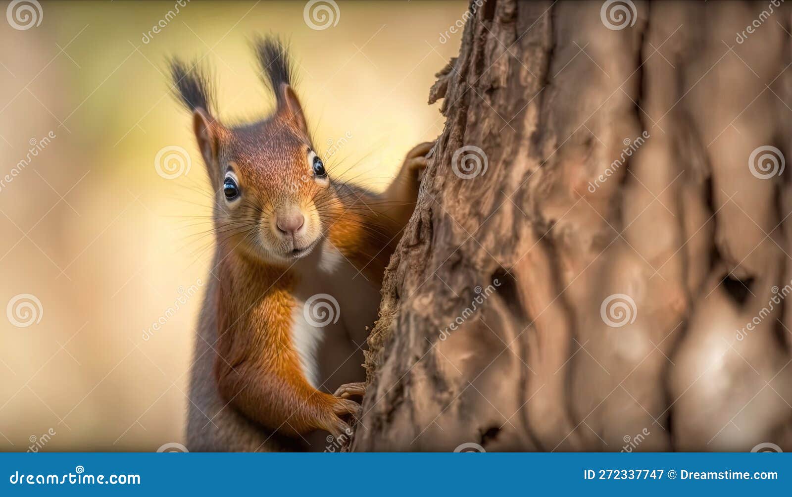 A Red Squirrel Peeking Out from Behind a Tree Trunk with Its Head ...