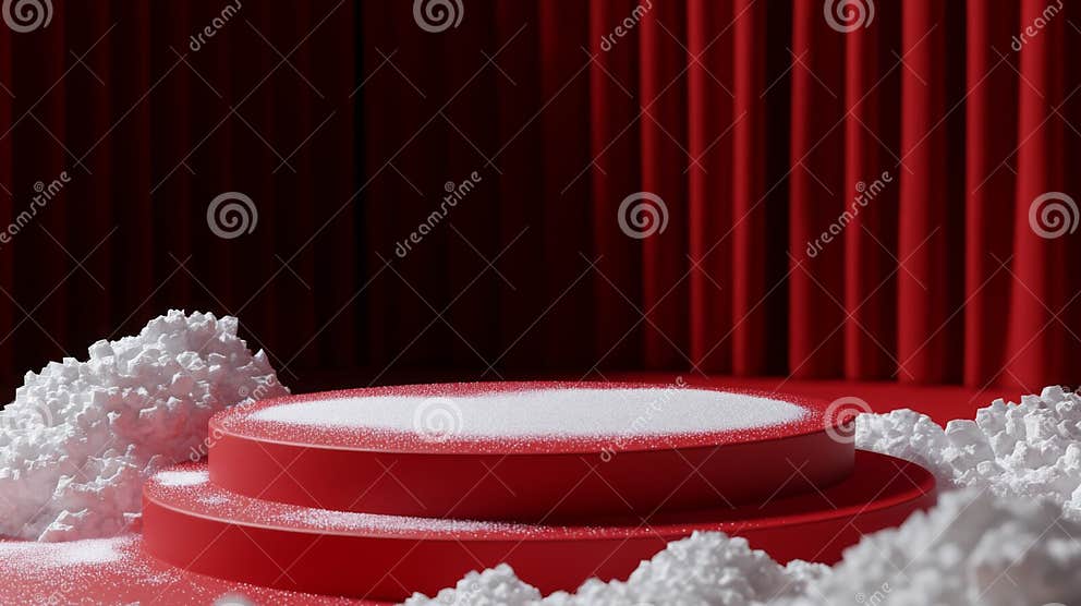 Red Stage Platform Surrounded by White Fluff with Curtains for Dramatic ...
