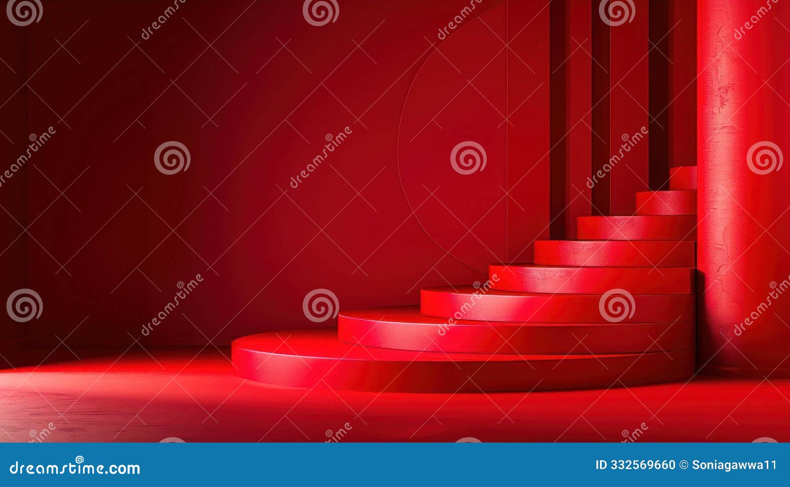 Red Staircase with a Circular Wall and Pillar in an Empty Red Room ...