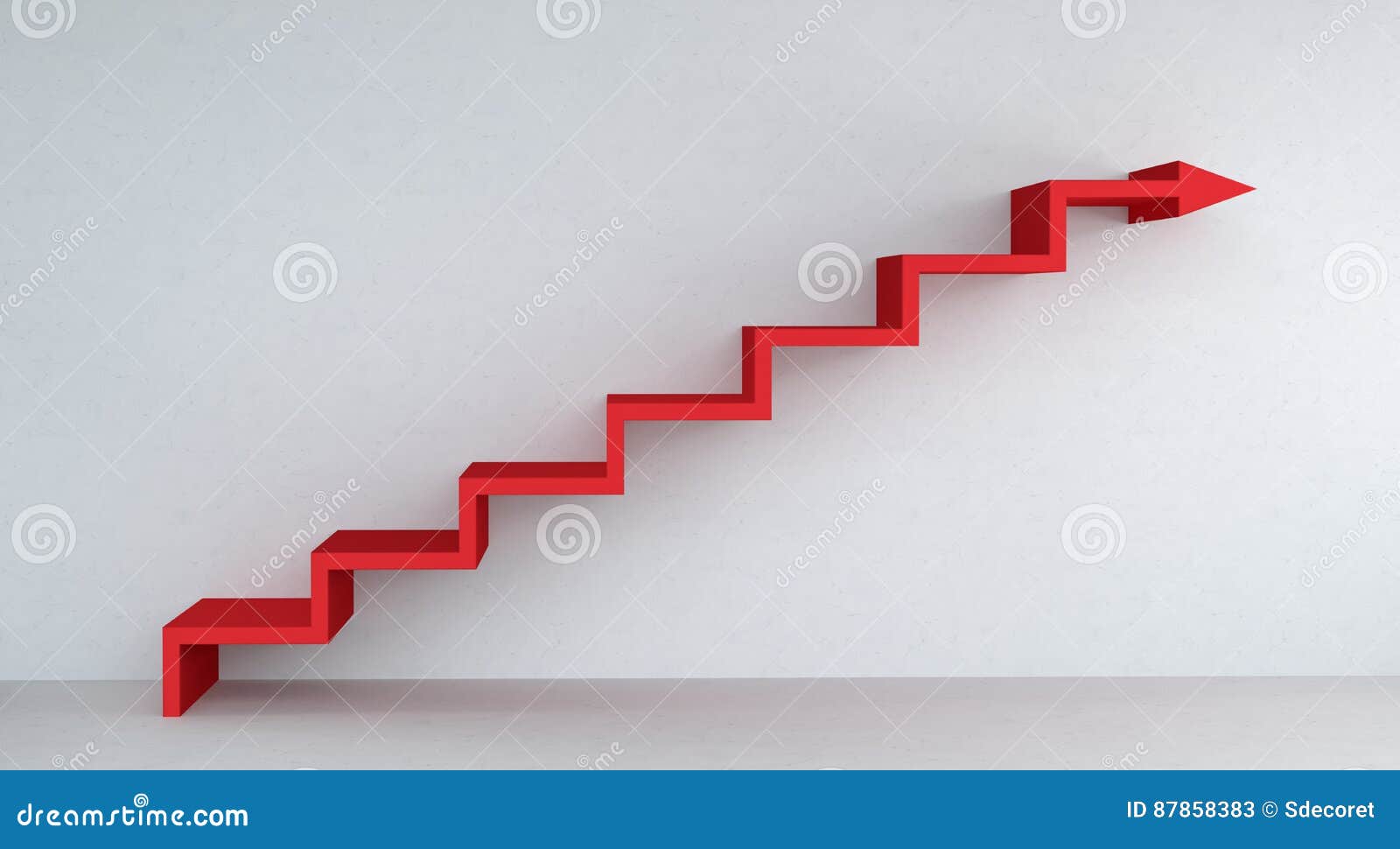Red Stairs Arrow Going Up on Concrete Wall 3D Rendering Stock ...