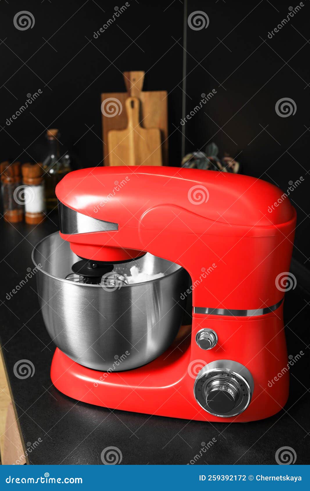 Modern Red Stand Mixer on Countertop in Kitchen Stock Photo - Image of ...