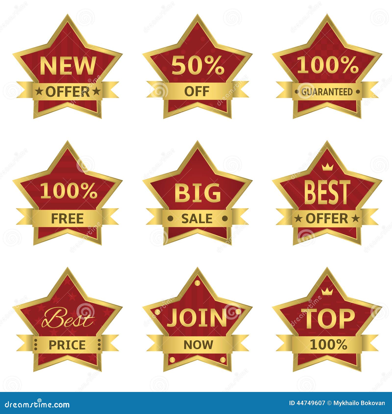 Red stars labels stock vector. Illustration of curl, golden - 44749607