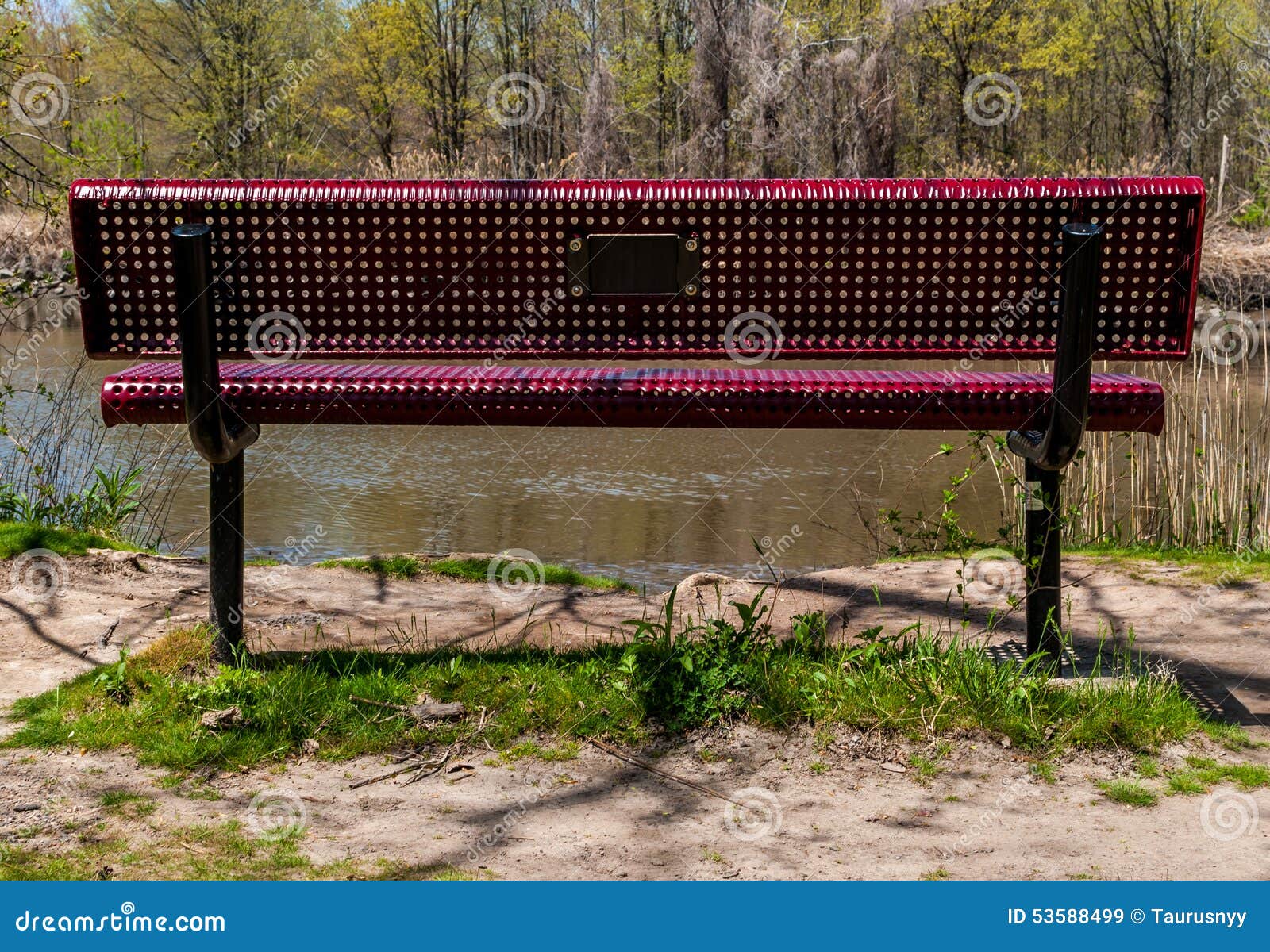 Red Steel Bench in the Woods Stock Image - Image of parks, thinking ...