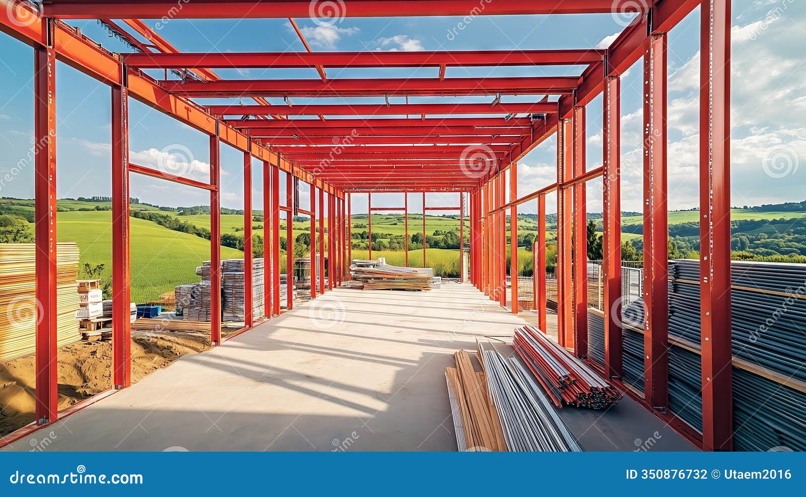 Red Steel Frame House Structure Under Construction in Green Field Stock ...