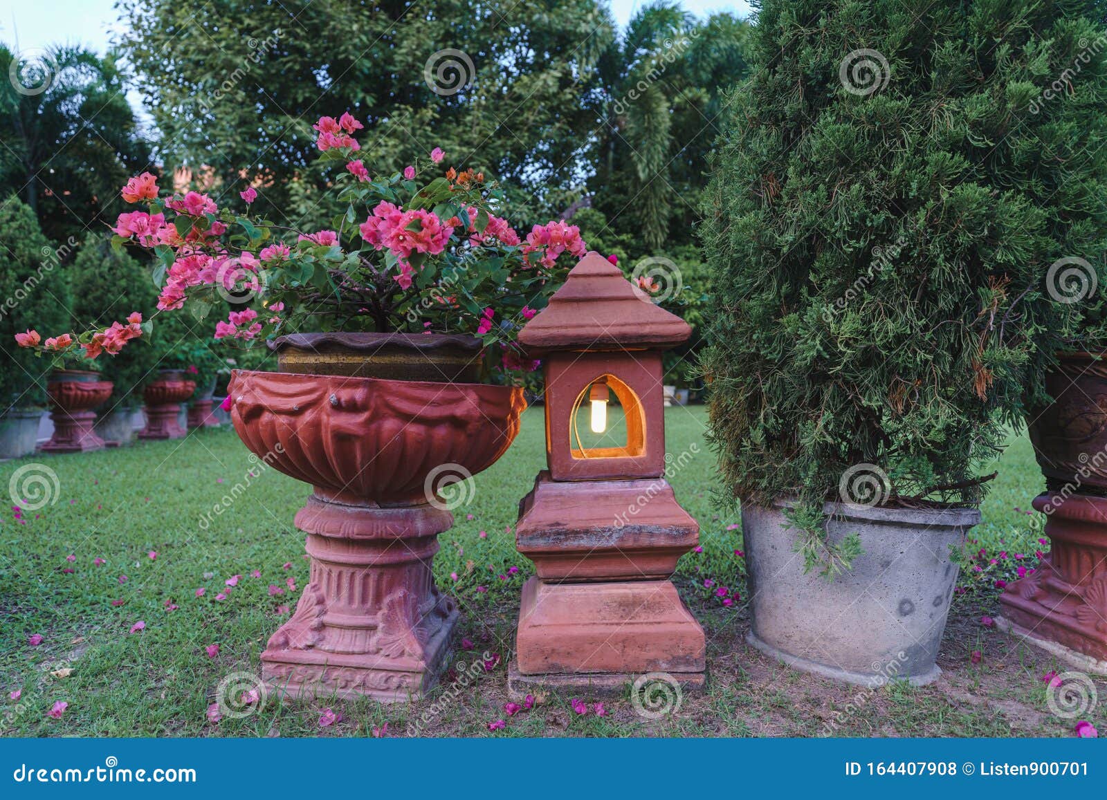 Red Stone Lantern and Flower Pot Stock Photo - Image of garden, temple ...