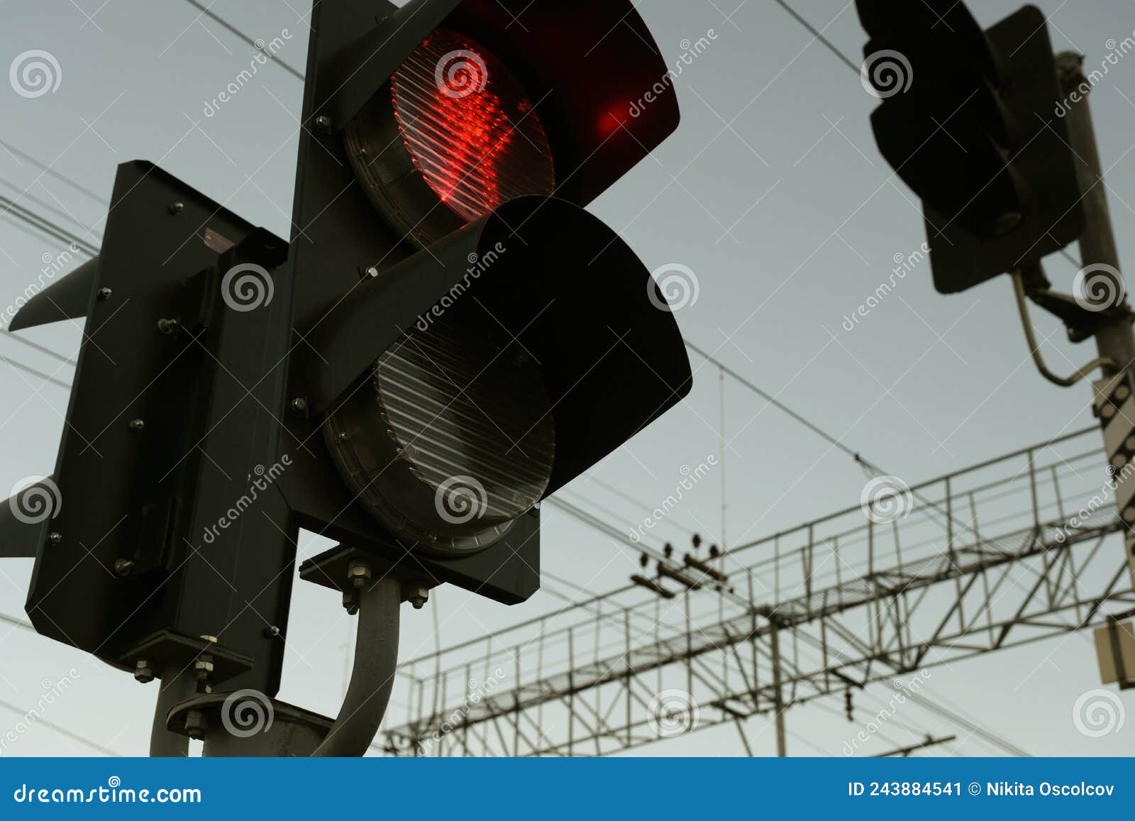 Red Stop Light of a Railroad Light on a Blue Sky Background Stock Image ...
