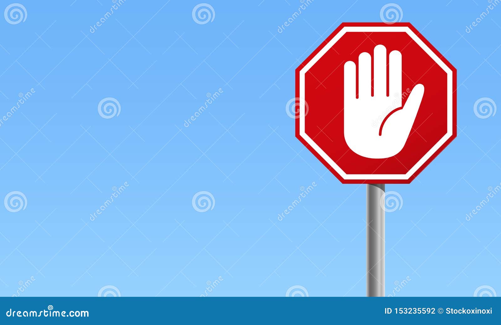 Red Stop Sign with Big Hand Symbol and Blue Background Stock Vector ...