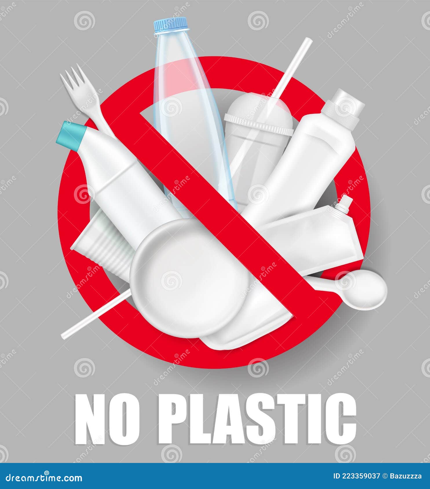 Red Stop Sign, Plastic Bottles, Plates, Cups, Spoon, Fork, Vector ...