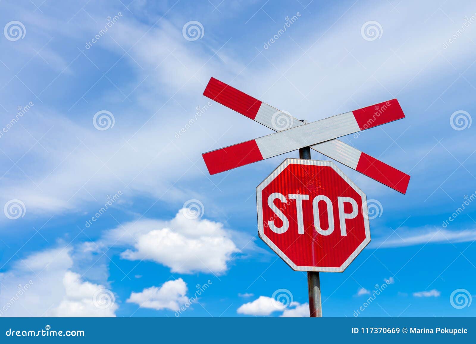 Red Stop Sign With Railway Cross Sign And Blue Sky Stock Image - Image ...