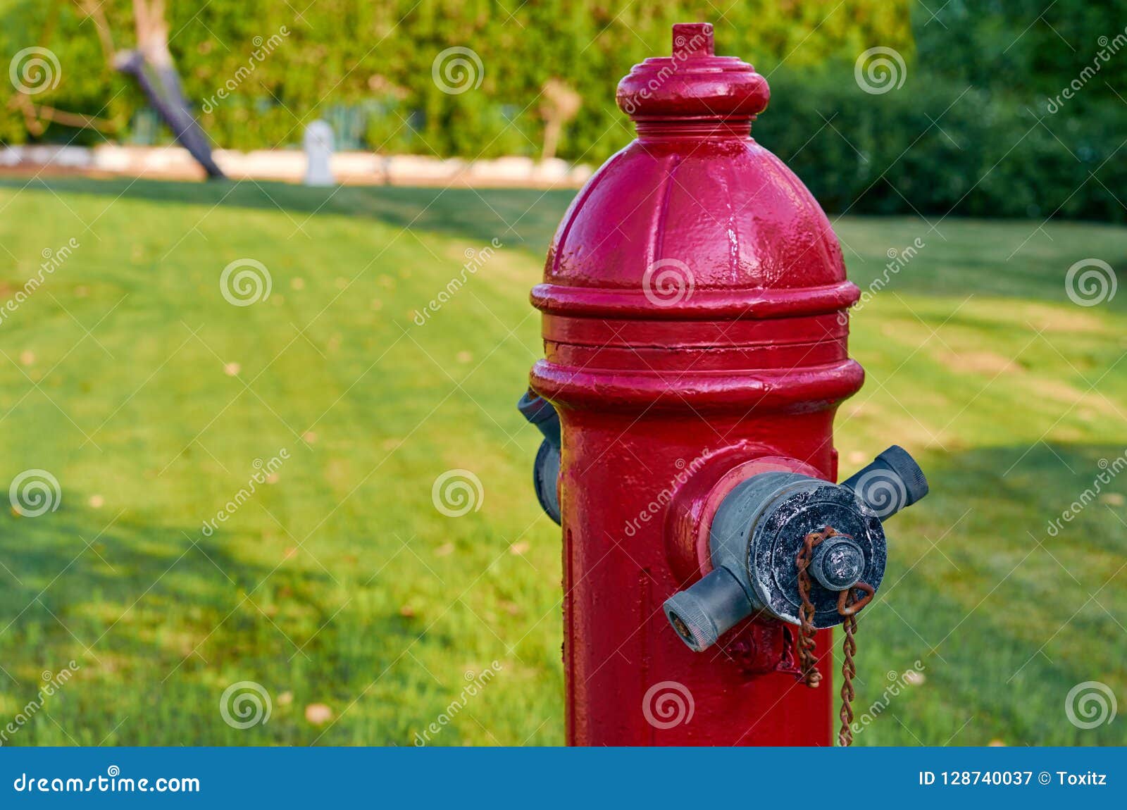 Red Street Hydrant Mounted on a Green Lawn Stock Image - Image of ...