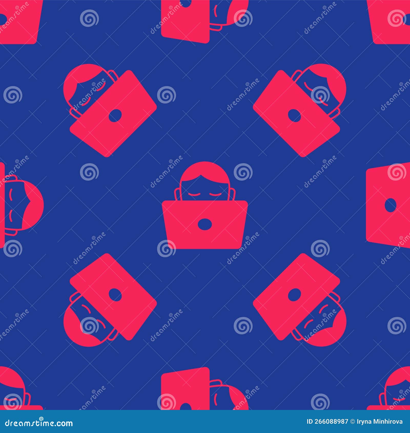 Red Student Working at Laptop Icon Isolated Seamless Pattern on Blue ...