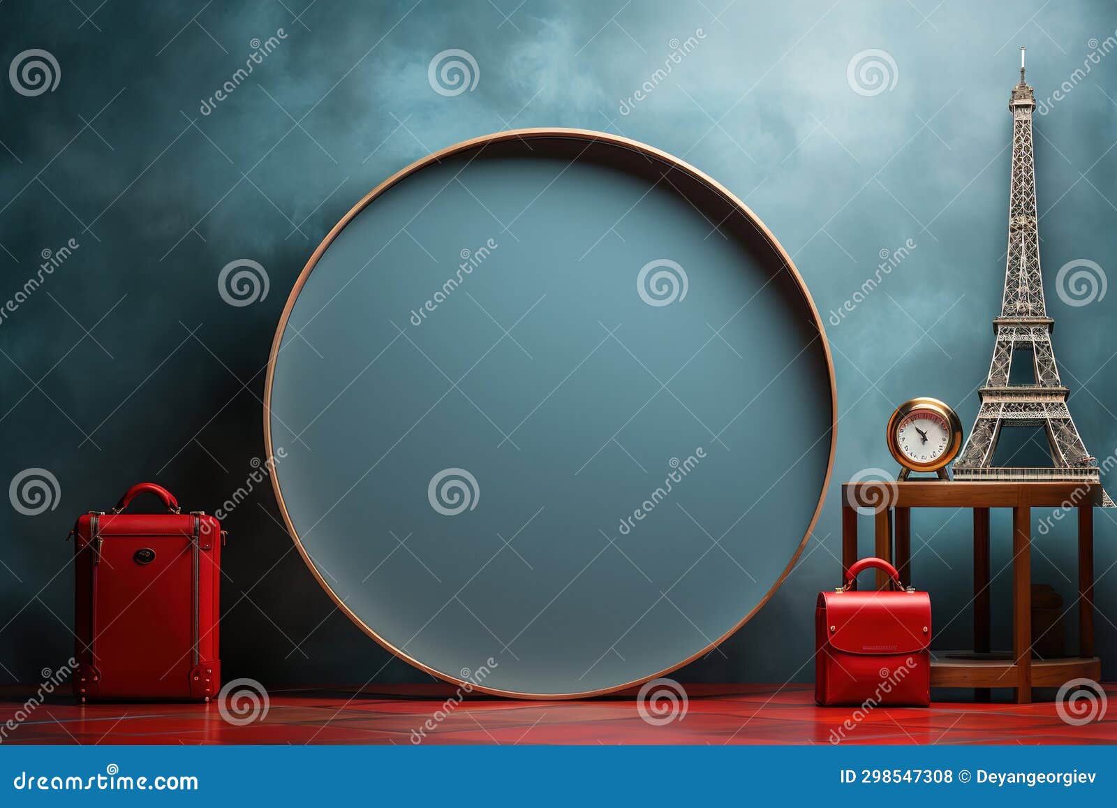 A Red Suitcase Sitting in Front of a Blue Wall and Model of Eiffel ...