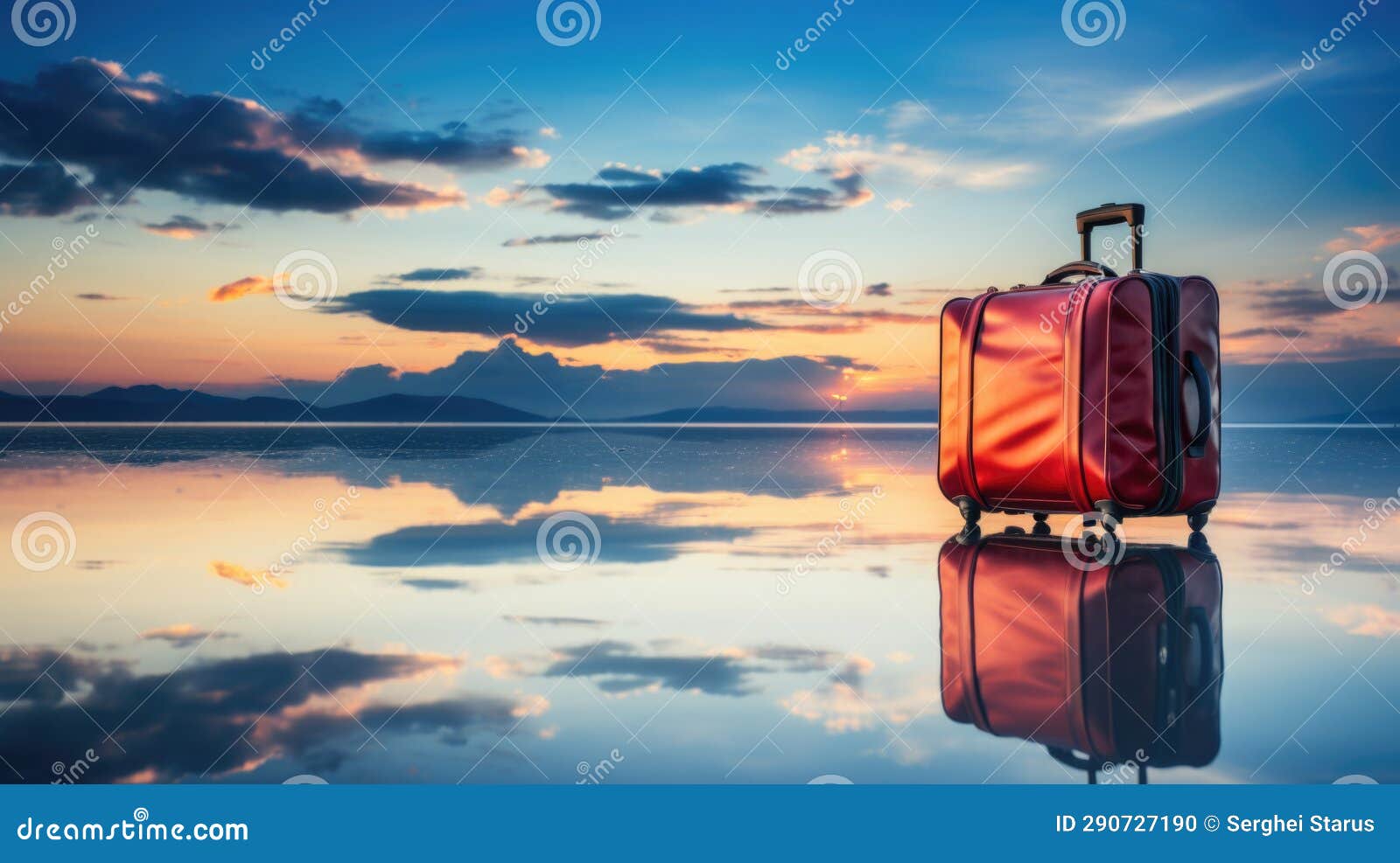 A Red Suitcase Sitting on the Water at Sunset, AI Stock Photo - Image ...